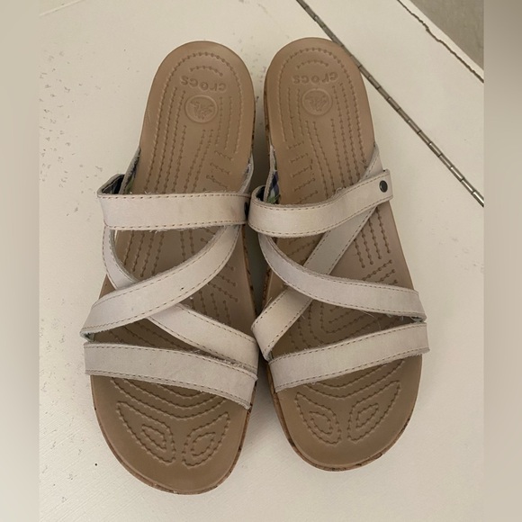 CROCS | Shoes | Crocs Cork Wedge Sandals Taupe Tan Rubber Leather Shoes ...